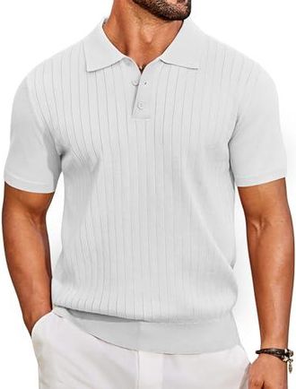 Coofandy Polo Homme &Eacute;t&eacute; Tricot&eacute; Manches Courtes T-Shirt Golf Stretch Slim Fit D&eacute;contract&eacute; Blanc L