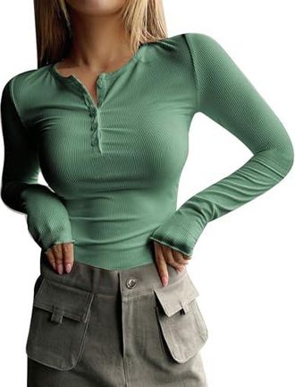 Generic T-shirt à manches longues pour femme - Pull en tricot pour femme - Manches longues - Coton - Sans capuche - Haut basique - Manches longues - Henley - 