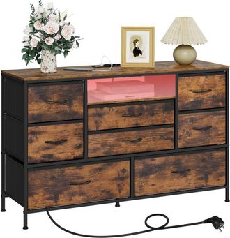 Woltu Commode &agrave; 8 Tiroirs en Tissu Woltu Meuble tv avec Lumi&egrave;re LED,Armoire avec Station de Recharge, Brun Rustique et Noir