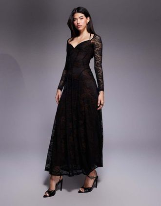 Asos Robe longue en dentelle &agrave; manches longues avec coutures apparentes - Noir