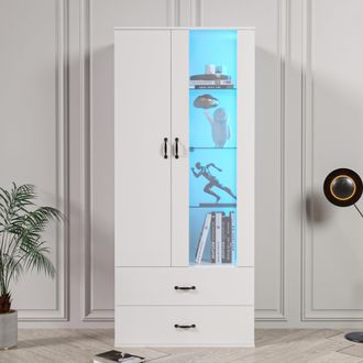 Merax Vitrine mit LED-Lichtern, Vitrinenschrank Glasvitrine mit viel Stauraum, Modern Aufbewahrungsschrank B&uuml;cherschrank Standvitrine Wohnw&auml;nde f&uuml;r Wohnzimm