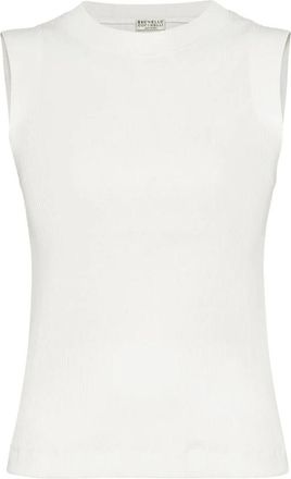Brunello Cucinelli Femme, Tops, Blanc, Taille: 36 FR Top en jersey de coton c&ocirc;tel&eacute; avec monile