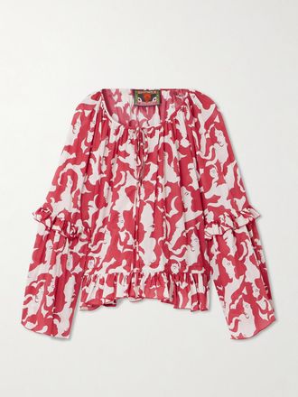 La DoubleJ Blouse En Coton Imprimé À Volants X Mother - Rouge