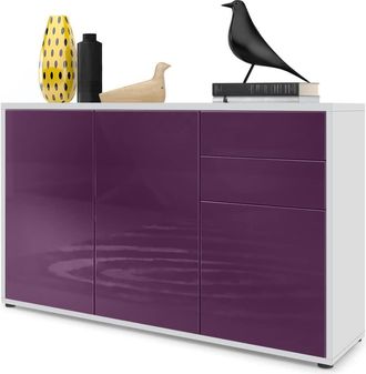 Vladon Sideboard Ben V3, Kommode mit 3 Türen und 2 Schubladen, Weiß matt/Brombeer Hochglanz (117 x 74 x 36 cm)