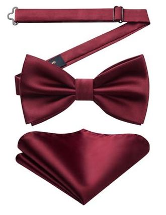 Hisdern Noeud Papillon Hommes et Mouchoir avec Crochet d&eacute;j&agrave; li&eacute; et R&eacute;glable Couleur Unie Noeuds Papillons Bordeaux Homme Carr&eacute; de Poche Ensemble