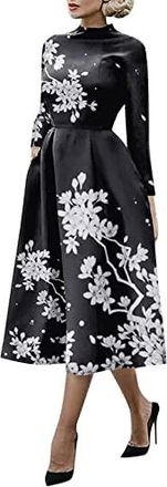 Generic 2026 Robes amincissantes Printemps et &eacute;t&eacute; Femmes Bib Manches Longues Slim Print Dress, Noir, M