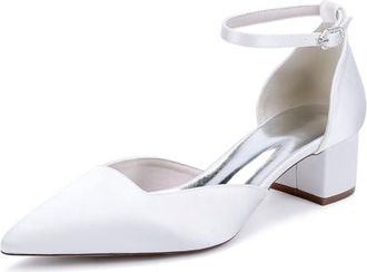 Generic Escarpins Femme &Agrave; Talon Bloc Satin Chaussures De Mariage Mari&eacute;e Bout Pointu Chunky Bas Talons 4.5Cm,Blanc,36 EU