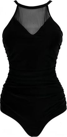 Ocean Plus Femme Asymétrie Engrener Maillot de Bain Col Haut Silhouette Façonner Couleur Unie Maille Une Pièce Grande Taille (4XL (EU 46-48), Net Noir)