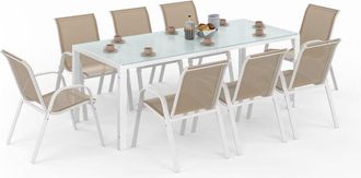 IDMarket Salon de jardin MADRID table 190 cm et 8 chaises empilables blanc et beige