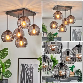 HOFSTEIN Deckenleuchte Koyoto, 5-flammige Deckenlampe aus Metall/Riffelglas in Schwarz/Rauchfarben, moderne Leuchte im Retro/Vintage-Design (Schirme &Oslash; 15 cm), 