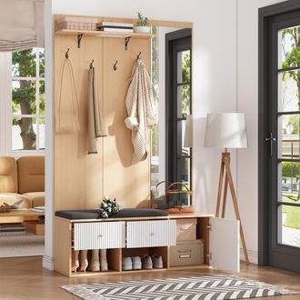 Generic Garderobenset mit Spiegel Schuhbank Polster Schublade Regal Kleiderhaken Garderobenständer für Wohnzimmer Eingang Flur Eckschrank Sideboard Holzfarbe 