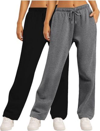 Generic Lot de 2 pantalons d&eacute;contract&eacute;s pour femme avec taille &eacute;lastique et cordon de serrage - Pantalon de jogging uni - Pantalon de sport &agrave; ourlet ouvert - 