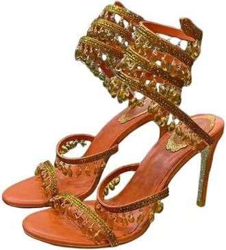 Generic YUJIEBB Sandales d&eacute;t&eacute; &agrave; talons hauts pour femme avec strass et perles de cheville serpent ficelle autour des chaussures de mariage sandales de gladiat