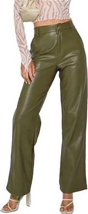 Generic FUNRKLI Nouveau Style Femmes Mince &eacute;lastique Affaires Pantalons d&eacute;contract&eacute;s en Cuir Pantalon Mode Taille Haute Pantalon &eacute;vas&eacute; arm&eacute;e Vert L
