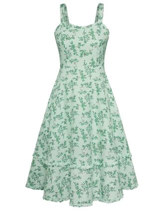 Belle Poque Damen Sommerkleid Boho Lässig Fließendes Spaghetti mit Taschen Strandkleid Grüne Blumen S