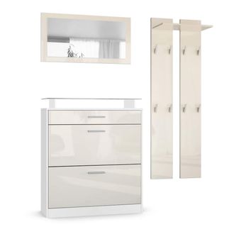 Vladon Garderobe Loret mini, Garderobenset bestehend aus 1 Schuhschrank, 1 Wandspiegel und 2 Garderobenpaneele, Wei&szlig; matt/Creme Hochglanz