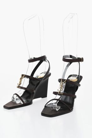 Saint Laurent Leather Wedge Sandals with Front Monogram and 10cm Heel Saint Laurent