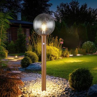 Globo Lighting Gartenleuchte mit Bewegungsmelder Au&szlig;enleuchte Stehlampe Standleuchte Terrassenlampe, Holzoptik Alu Glas braun,1x E27, DxH 25x100 cm
