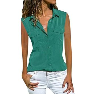 Generic Chemise sans manches pour femme - Chemise boutonn&eacute;e de couleur unie - D&eacute;bardeur confortable - D&eacute;bardeurs d&eacute;contract&eacute;s &agrave; col &agrave; revers avec poches - Che