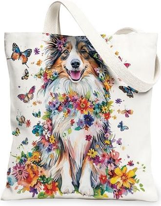 Generic Sac fourre-tout en toile motif chien berger Shetland printemps 33 x 38,1 cm, joli sac d&eacute;picerie r&eacute;utilisable pour femme, animal de compagnie, motif de