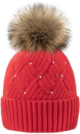 morefaz Damen Winterm&uuml;tze mit Perlen Strickm&uuml;tze M&uuml;tze Wurm M&uuml;tze Gro&szlig;e Bommel Pompon (DE/NL/SE/PL, Alphanumerisch, M, L, Red)