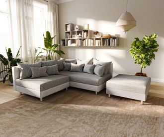 DELIFE Ecksofa Clovis Weiss Hellgrau Hocker Ottomane Rechts modular, Design Ecksofas, Couch Loft, Modulsofa, modular