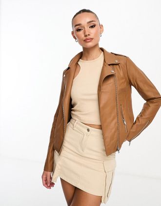 Vila Blouson en similicuir style motard - Fauve-Blanc