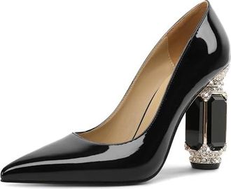 EDEFS Escarpins Femme Prêts pour lÉvénement en Cuir Verni Talon Haut Bloc 9 cm Accents de Strass Cristal Étincelant Bout Pointu Enfilage Facile pour Mariage