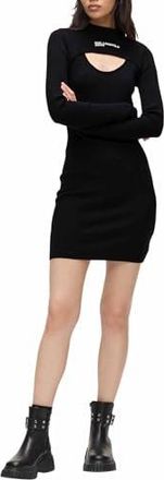 Karl Lagerfeld Femme Robe en Maille &Agrave; Manches Longues avec Logo Coupe Moulante, Noir, XS