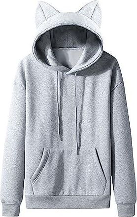 Generic rtdgcv Sweat &agrave; capuche dhiver 2025 pour homme avec oreilles de chat Sweat &agrave; capuche en polaire pour femme Streetwear moderne confortable doux, gris, S