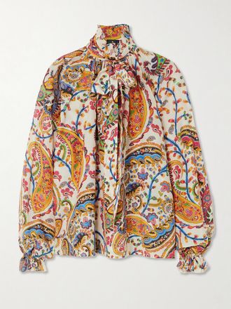 Etro Blouse En Coton Et Soie M&eacute;lang&eacute;s &Agrave; Imprim&eacute; Cachemire Et &Agrave; Noeud Lavalli&egrave;re - Multicolore