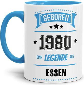 Tassendruck Geburtstags-Tasse Geboren 1980 Eine Legende aus Essen Innen & Henkel Hellblau/Geschenk/mit Spruch/Mug/Cup/Becher/Qualität Made in Germany