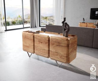 DELIFE Sideboard Kiano 145 cm Akazie Natur 3 T&uuml;ren V-Fu&szlig; Edelstahl Raumteiler, Sideboards