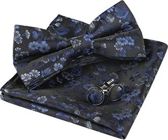 Alizeal Noeud papillon pr&eacute;-nou&eacute; pour homme, carr&eacute; de poche et boutons de manchette, ensemble formel classique pour f&ecirc;te de mariage, 006-Noir+Marine, taille un