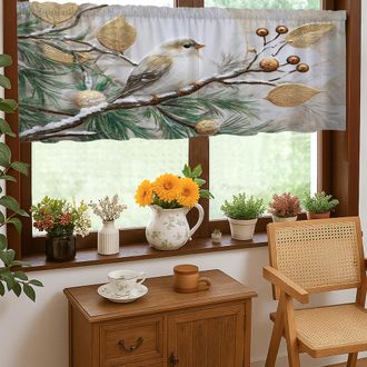 Generic Vogel-K&uuml;chenvorh&auml;nge, Winter, rustikale Bl&auml;tter, Beeren, Winter, goldfarben, Fenstervolant f&uuml;r kleine Wohnmobile, Sp&uuml;le, schmales Fenster, 45,7 x 132,