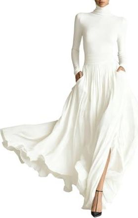 Minetom Robe Longue Manche Longue Femme Col Roulé Automne/Hiver Elegant Couleur Unie A Line Fente Latérale Dress avec Poches A Blanc XXL