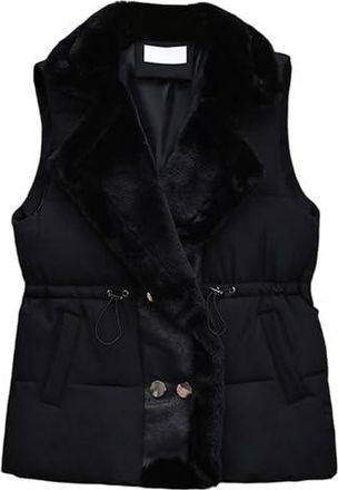 Generic Gilet chaud pour femme - Doudoune courte &agrave; double boutonnage - Sans manches - Col rabattable - Manteau uni, Noir, M