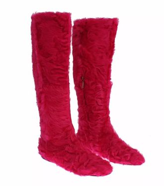 Dolce & Gabbana Womens Pink Lamb Fur Leather Flat Boots Shoes Lambskin