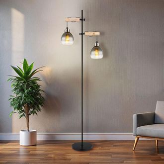 Globo Lighting Lampadaire lampadaire lampe de salon 2 flammes hauteur r&eacute;glable verre fum&eacute; bois