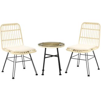 OUTSUNNY Ensemble bistro de jardin 2 places 3 pi&egrave;ces style exotique 2 chaises + table basse ronde m&eacute;tal &eacute;poxy noir r&eacute;sine tress&eacute;e beige