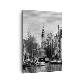 Arttor Bilder auf Leinwand 70x100cm Leinwandbild mit Rahmen Schwarzwei&szlig; Amsterdam Boote Gro&szlig; Wanddeko Bild Schlafzimmer K&uuml;che Deko Wandbilder Dekoration Wohn