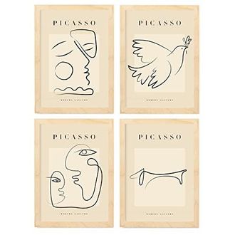 Nacnic Ensemble de 4 illustrations de Picasso. Paix. Illustrations &agrave; un seul trait dans le style de la galerie dart. Peintures pour la d&eacute;coration int&eacute;rieure.