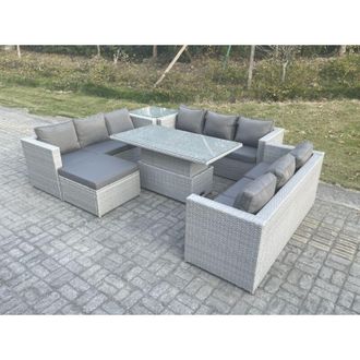 Fimous Rattan Gartenm&ouml;bel Set mit Sofa, H&ouml;he verstellbar Esstisch und Hocker,Beistelltisch,Outdoor Terrassen Essgruppe 6-teilige Sitzgruppe Helles Grau