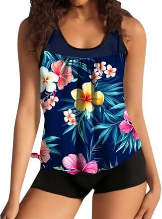 Generic Ensemble tankini imprim&eacute; conservateur pour femme - Maillot de bain fendu &agrave; motif floral avec coussinets de soutien-gorge int&eacute;gr&eacute;s et short boyshort, m