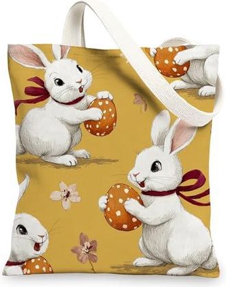 Generic Sacs fourre-tout en toile motif lapin ludique, sacs dépicerie réutilisables, légers et lavables avec bandoulière, Jaune, 13x15 Inch