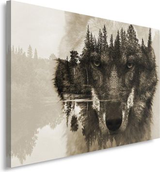 Feeby Frames, Leinwandbild, Bilder, Wand Bild, Wandbilder, Kunstdruck 40x60cm, TIERE, WOLF, NATUR, WALD, BÄUME, AUGEN, GRAU
