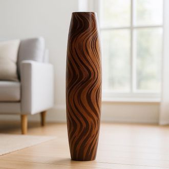 Leewadee Gro&szlig;e Deko Bodenvase F&uuml;r Dekozweige, Hohe Standvase F&uuml;r Pampasgras, Design Holzvase, 65 cm, Braun
