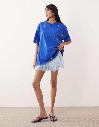Sister Jane Sister Jane - Nerina - T-shirt unisexe &agrave; manches courtes avec poissons ornement&eacute;s - Bleu de cobalt