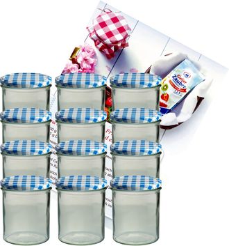 MamboCat 12er Set Sturzglas 350 ml Marmeladenglas Einmachglas Einweckglas to 82 blau Karierter Deckel incl. Diamant-Zucker Gelierzauber Rezeptheft