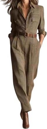 Generic Combinaison utilitaire à carreaux en tweed marron sophistiquée pour femme - Style rétro sans ceinture - Manches longues avec poches, marron, M